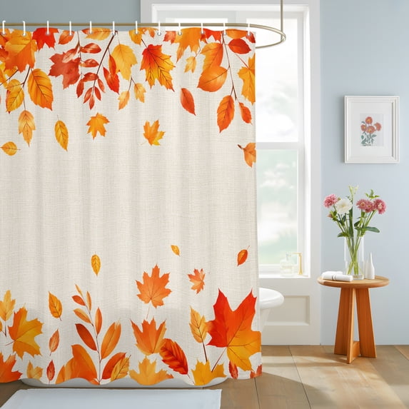 Fall Maple Leaf Shower Curtain, Red Autumn Plant Falling Leaf Farmhouse ...