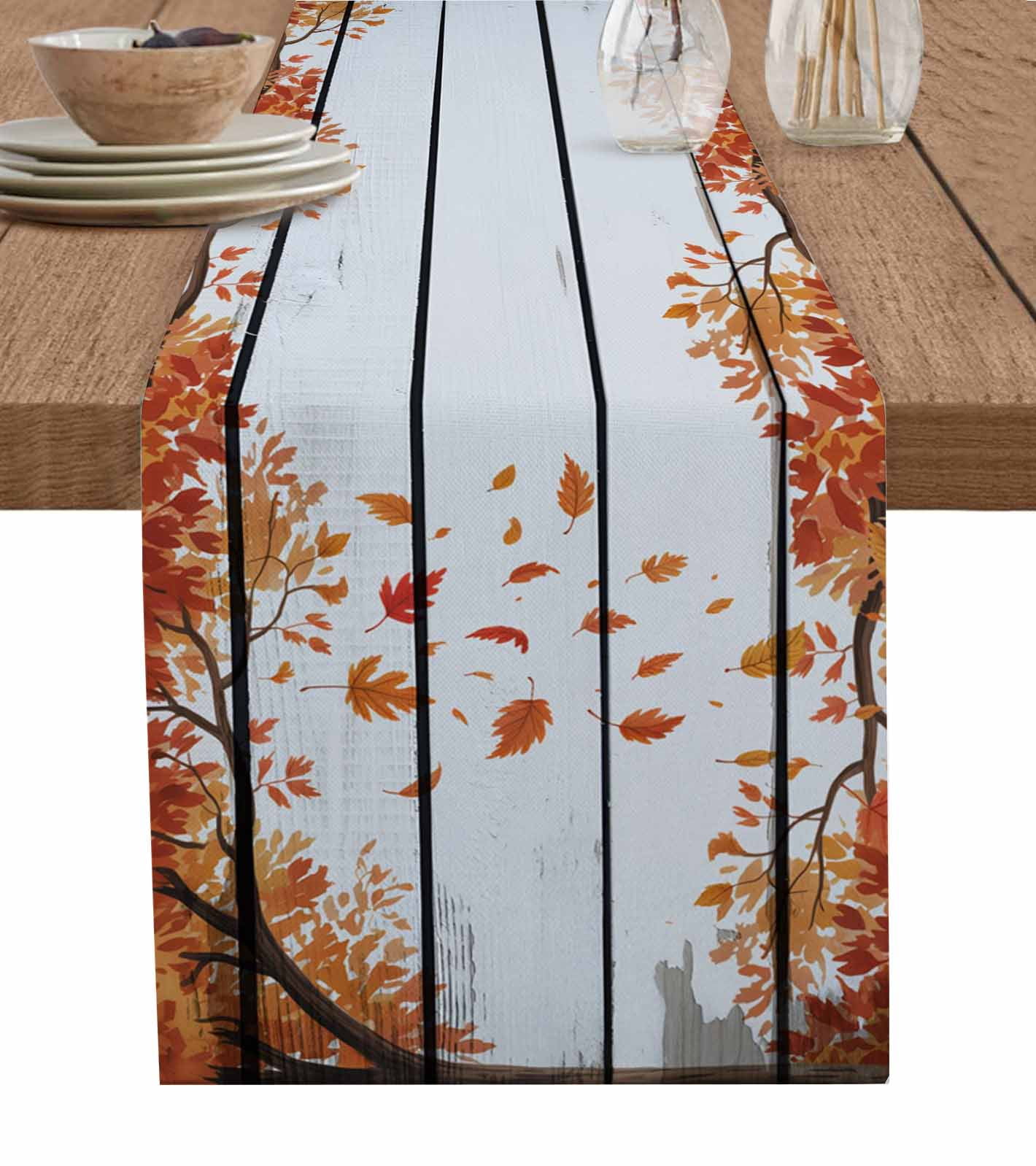 Fall Maple Leaf Table Runner 72 Inches, Autumn Tree Leaves Retro Wooden ...