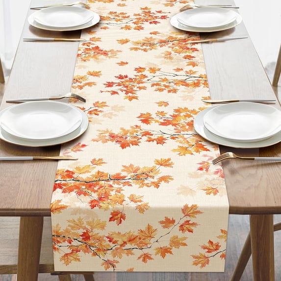 Fall Maple Leaves Dining Table Runner, Autumn Branches Burlap Kitchen ...