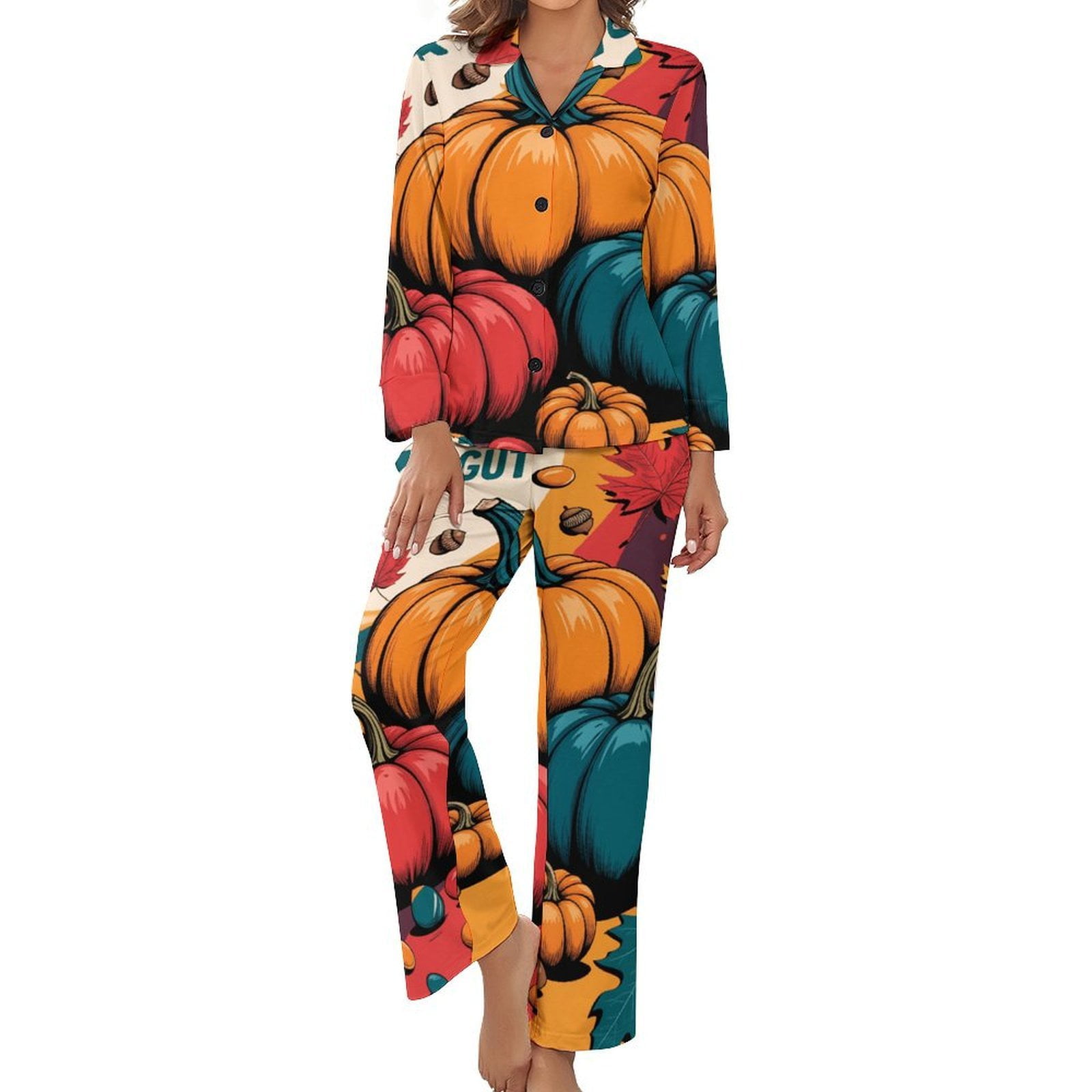 Fall Maple Leaves Pumpkin Printed Pajama Set for Couples, Women Men ...
