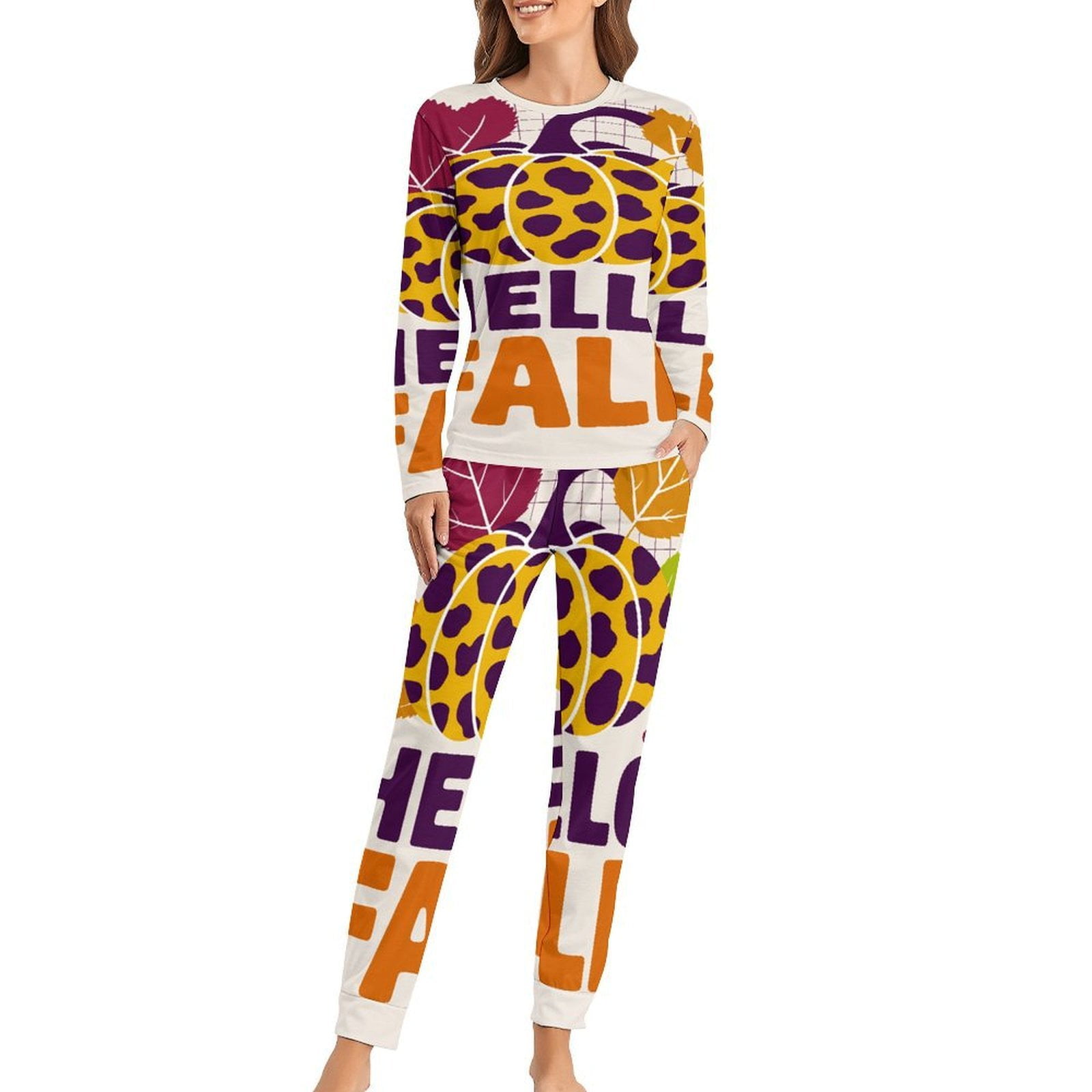 Fall Maple Leaves Pumpkin Printed Pajama Set for Couples, Women, Men ...