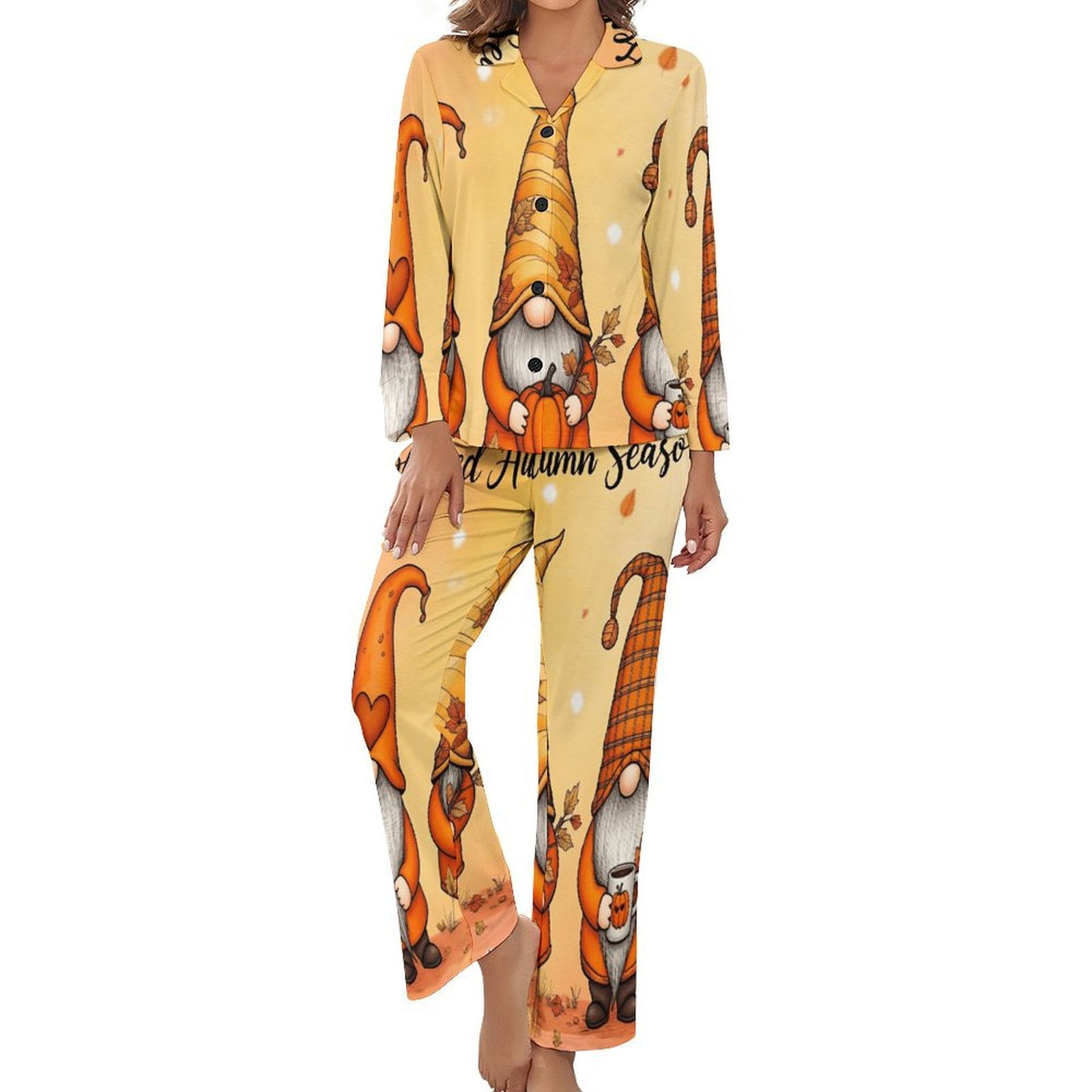 Fall Maple Leaves Pumpkin Printed Pajama Set for Couples, Women Men ...