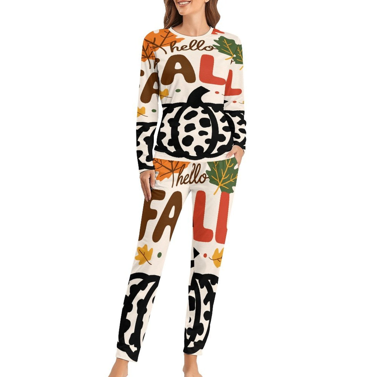 Fall Maple Leaves Pumpkin Printed Pajama Set for Couples, Women, Men ...