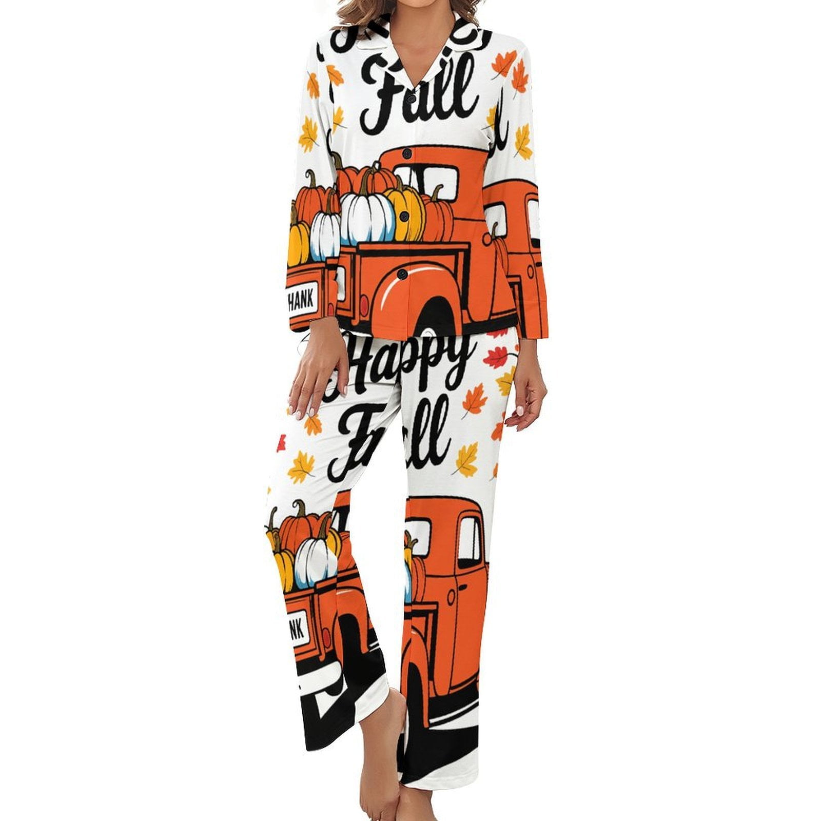 Fall Maple Leaves Pumpkin Printed Pajama Set for Couples, Women Men ...