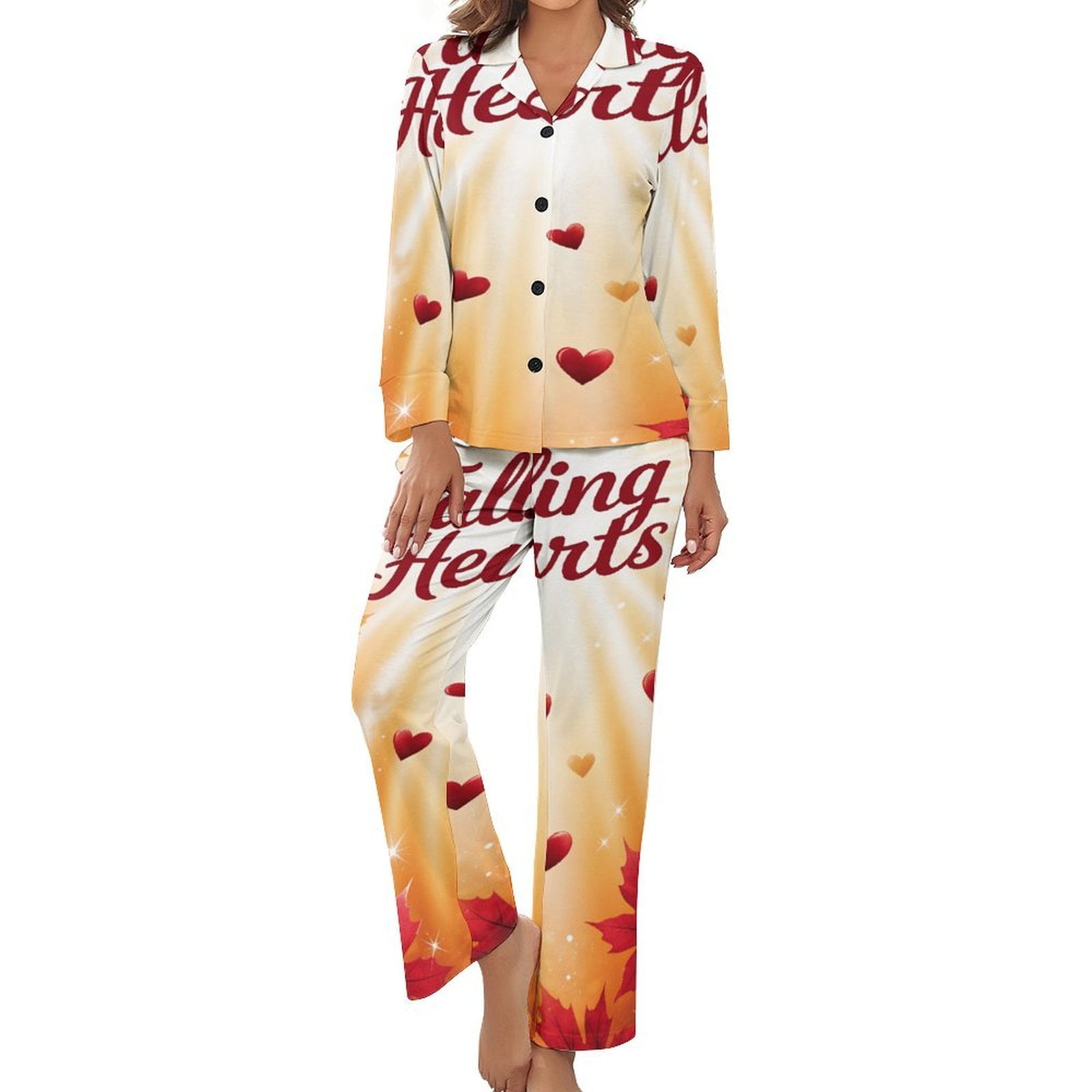 Fall Maple Leaves Pumpkin Printed Pajama Set for Couples, Women Men ...