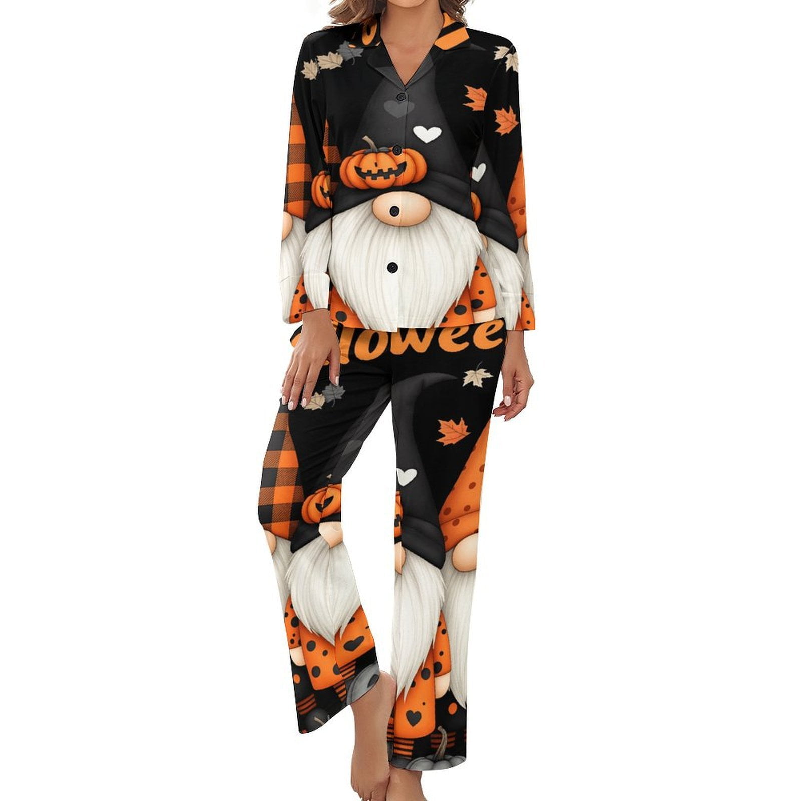 Fall Maple Leaves Pumpkin Printed Pajama Set for Couples, Women Men ...