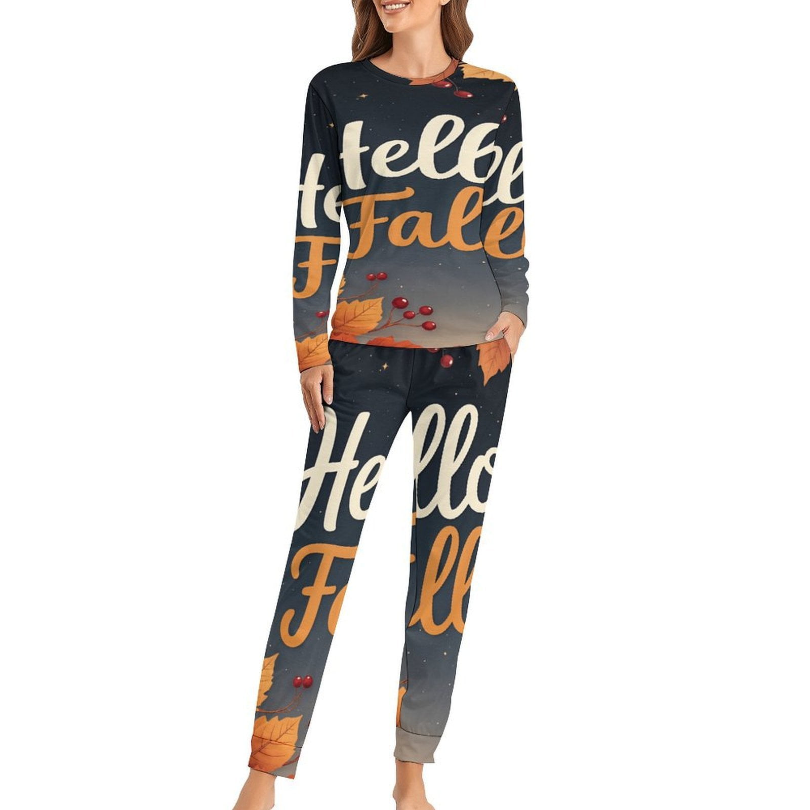Fall Maple Leaves Pumpkin Printed Pajama Set for Couples, Women, Men ...