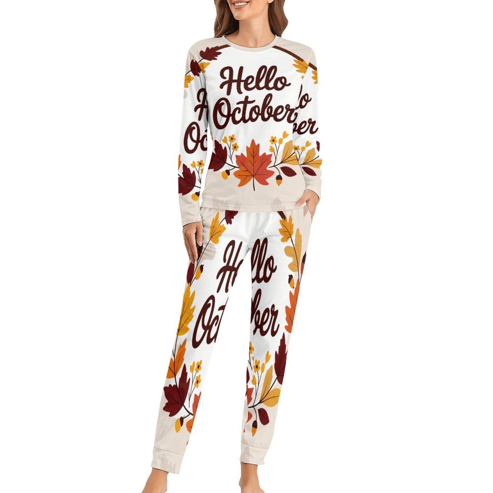 Fall Maple Leaves Pumpkin Printed Pajama Set for Couples, Women, Men ...