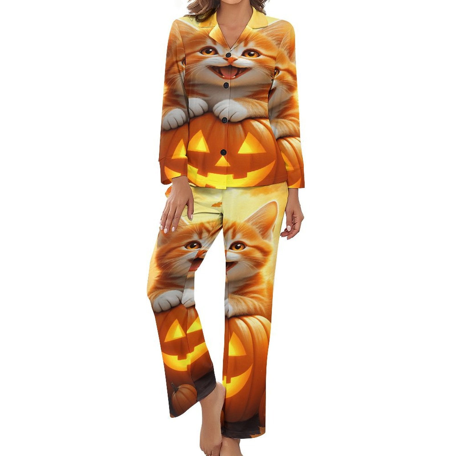 Fall Maple Leaves Pumpkin Printed Pajama Set for Couples, Women Men ...