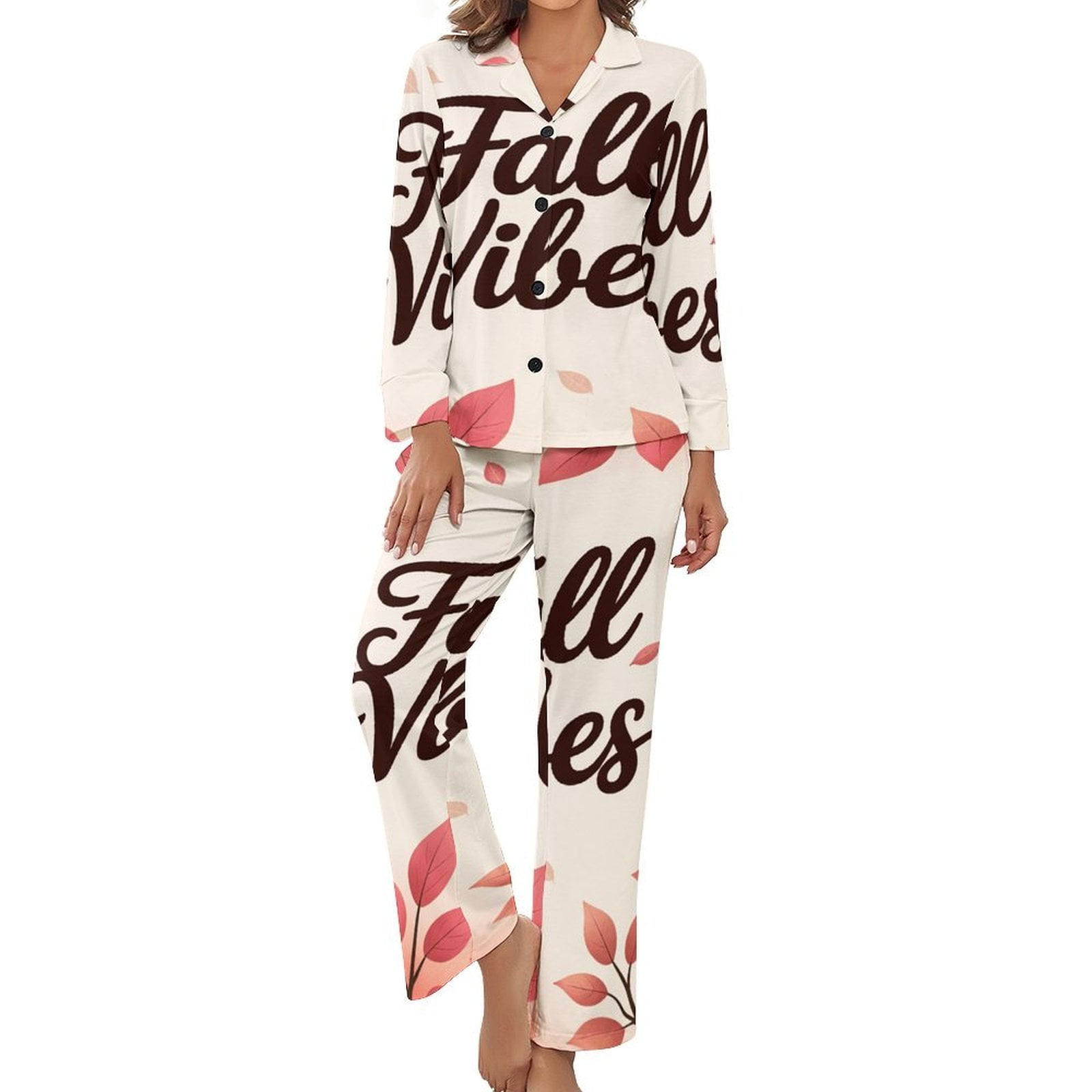 Fall Maple Leaves Pumpkin Printed Pajama Set for Couples, Women Men ...
