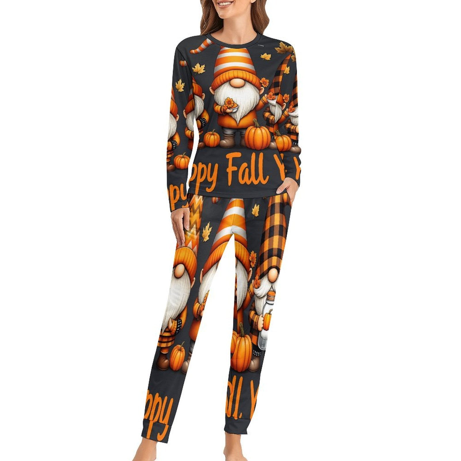 Fall Maple Leaves Pumpkin Printed Pajama Set for Couples, Women, Men ...