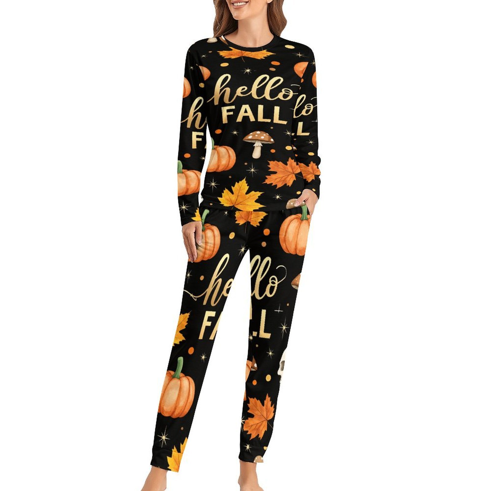 Fall Maple Leaves Pumpkin Printed Pajama Set for Couples, Women, Men ...
