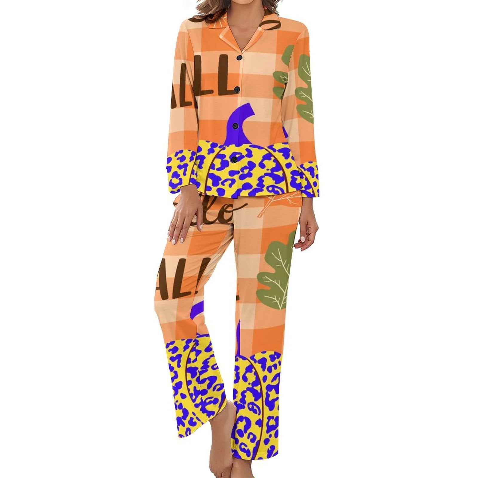 Fall Maple Leaves Pumpkin Printed Pajama Set for Couples, Women Men ...