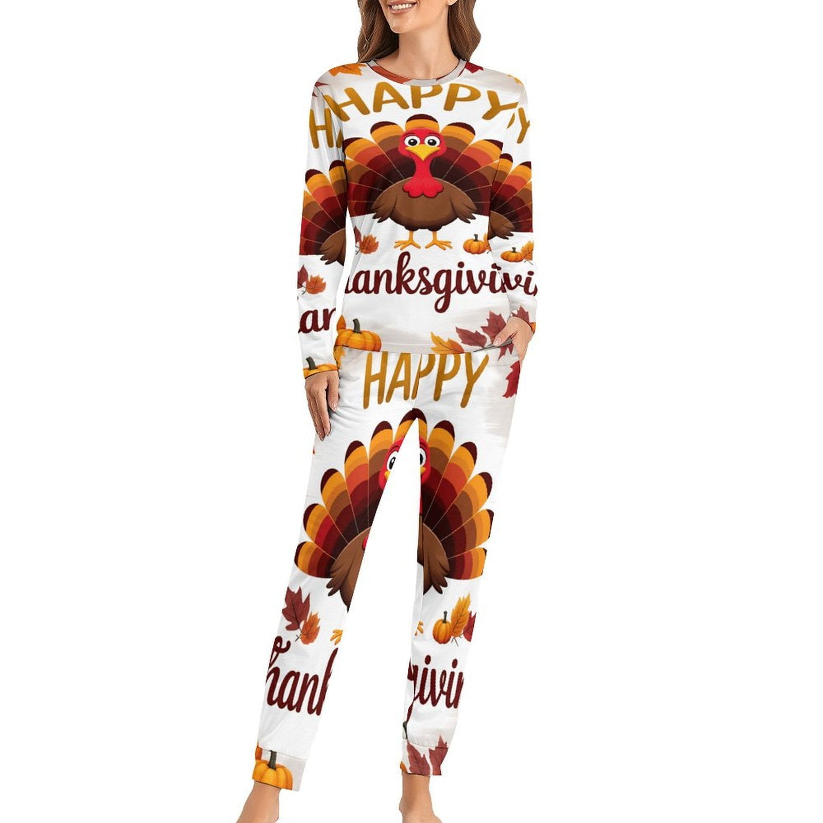 Fall Maple Leaves Pumpkin Printed Pajama Set for Couples, Women, Men ...