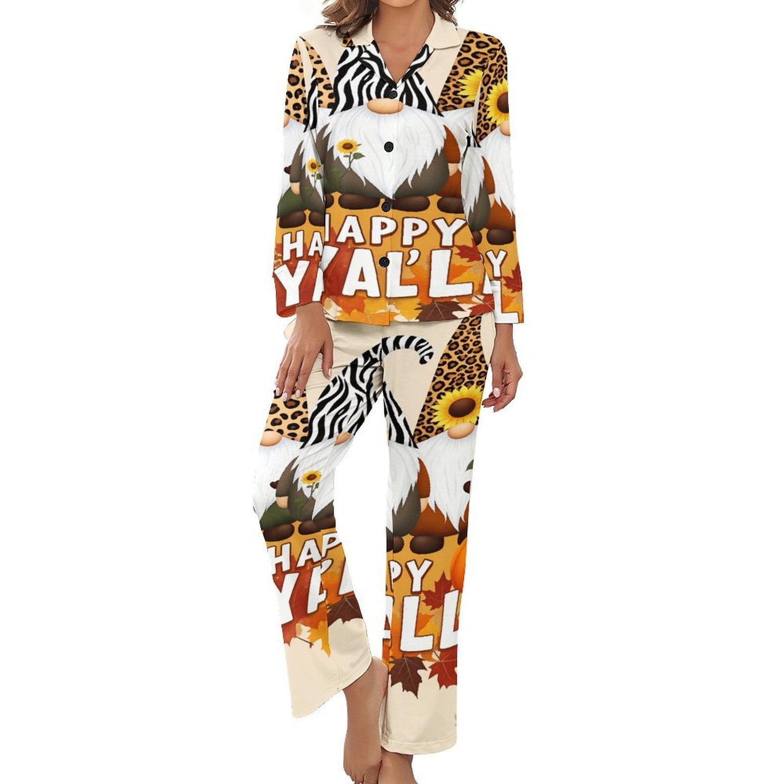 Fall Maple Leaves Pumpkin Printed Pajama Set for Couples, Women Men ...