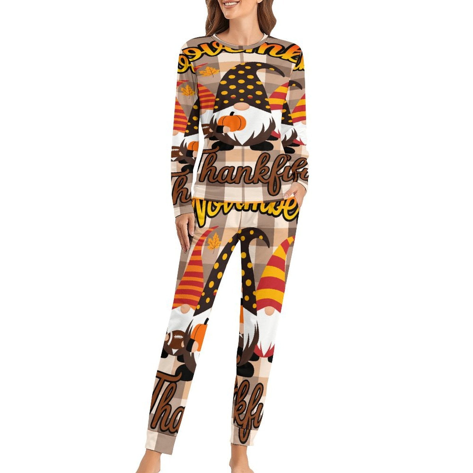 Fall Maple Leaves Pumpkin Printed Pajama Set for Couples, Women, Men ...