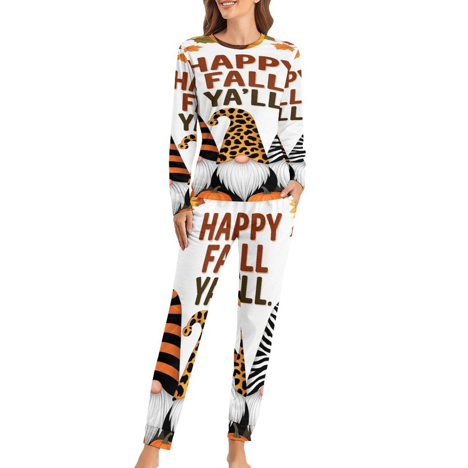 Fall Maple Leaves Pumpkin Printed Pajama Set for Couples, Women, Men ...