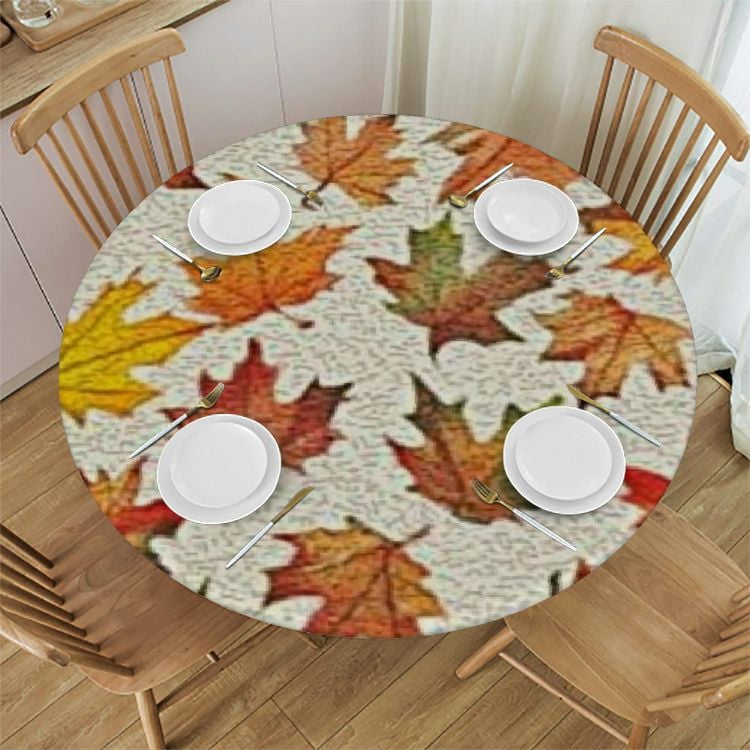 Fall Maple Leaves Round Table Cloth with Elastic Edge,Orange Leaf Plaid ...