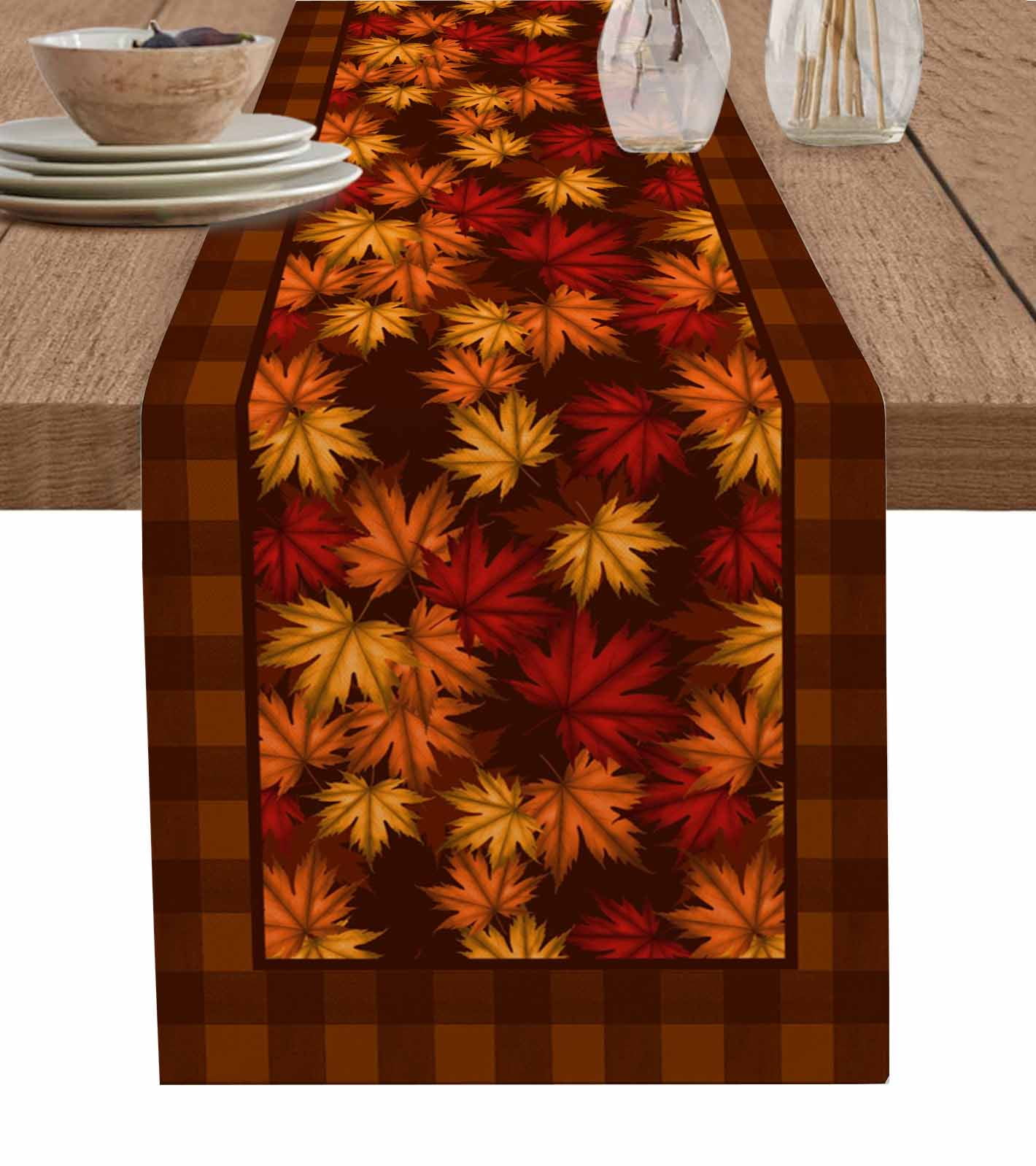 Fall Maple Leaves Table Runner 120 Inches, Brown Leaf Farmhouse Retro Plaid Bed Runner Dresser ...