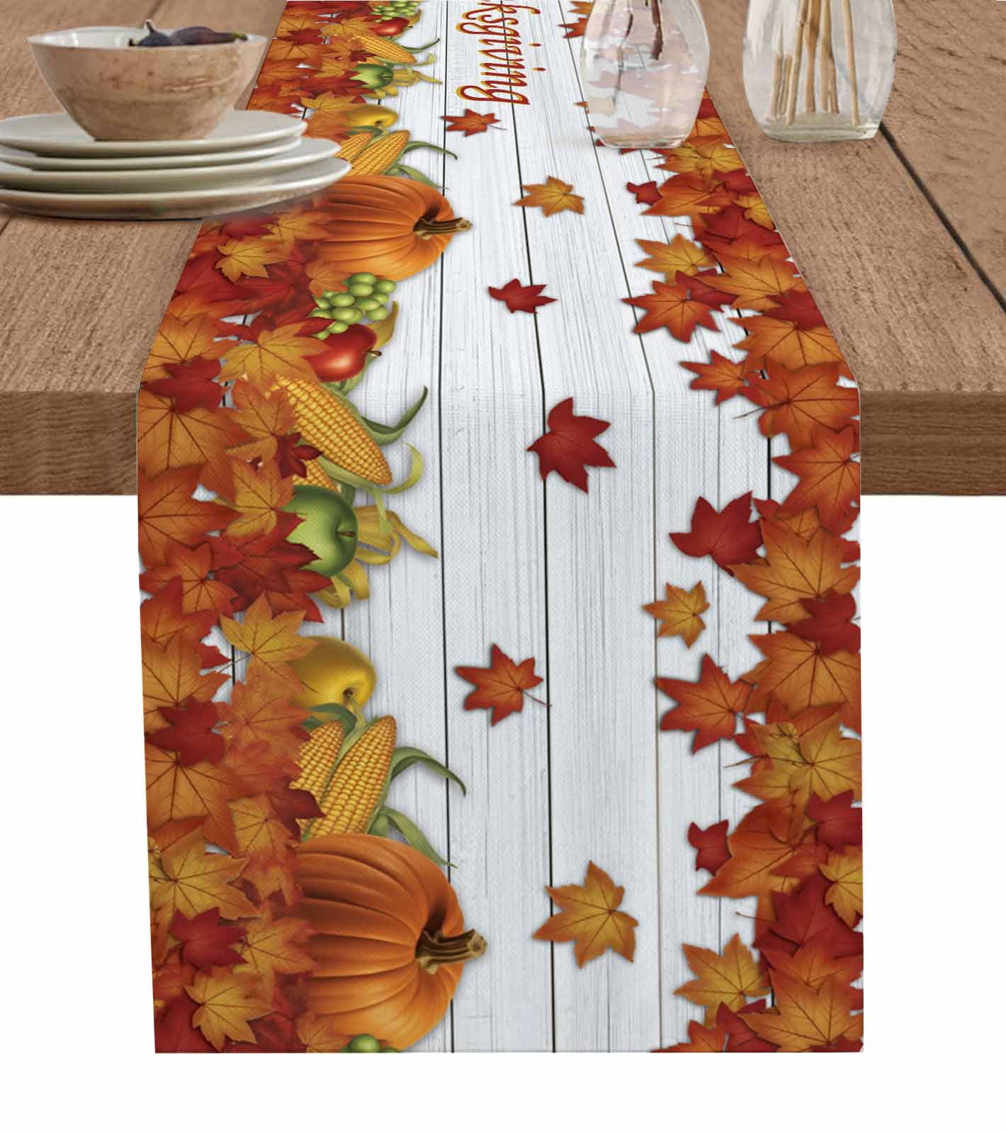 Fall Maple Leaves Table Runner 36 Inches, Happy Thanksgiving Pumpkins ...