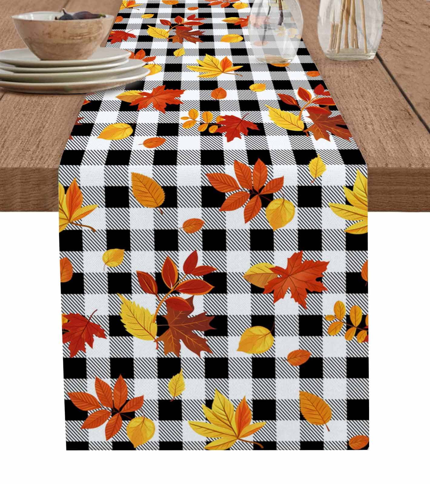 Fall Maple Leaves Table Runner 72 Inches, Thanksgiving Botanical Black ...