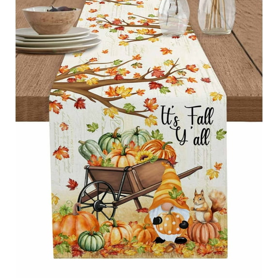 Fall Maple Leaves Table Runner 72 Inches, Thanksgiving Pumpkins Gnomes ...