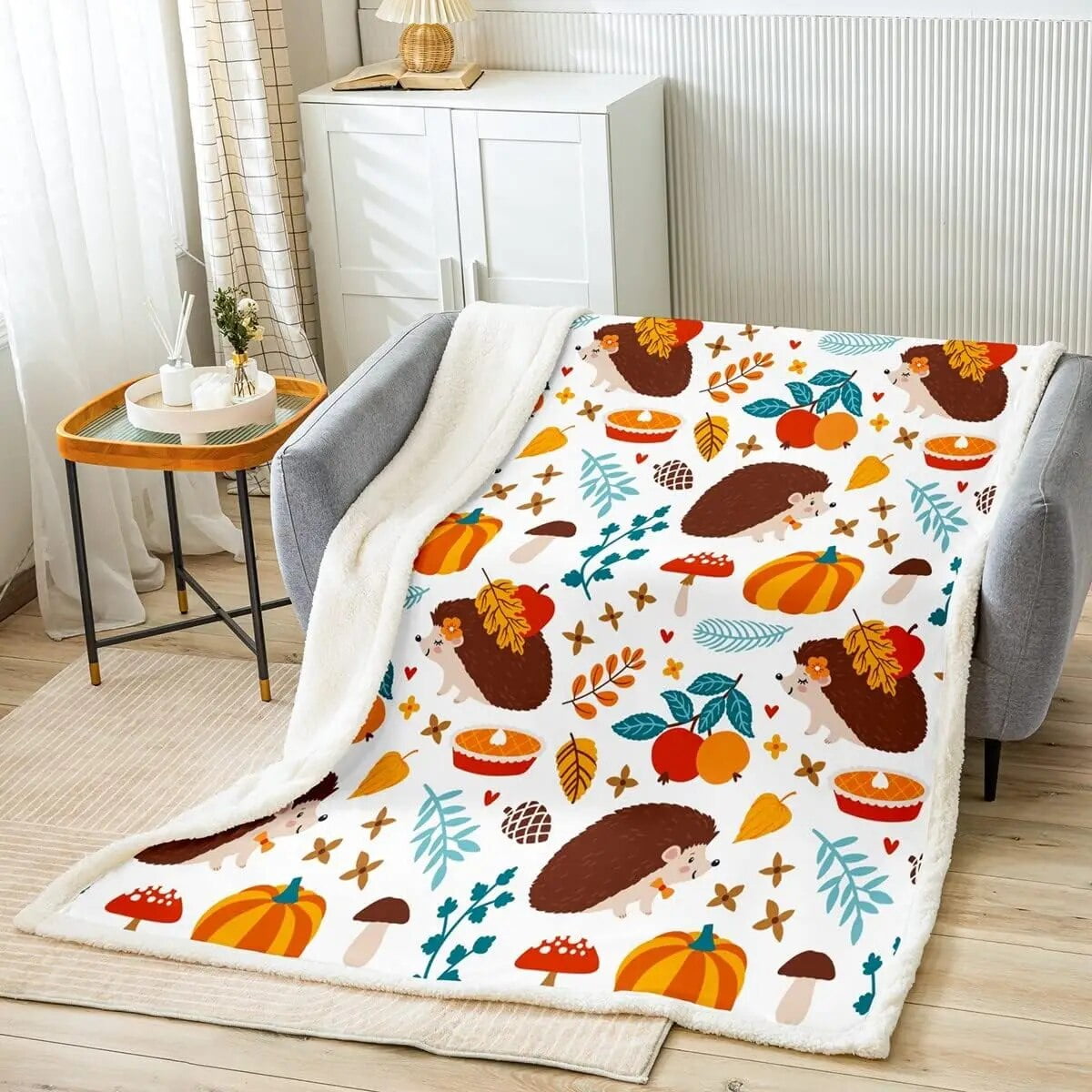 Fall Maple Leaves Throw Blanket Cute Hedgehog Cartoon Mushroom Bed ...