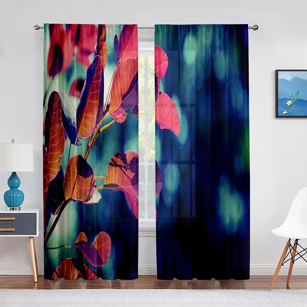 Fall Maple Leaves on Wooden Board Sheer Curtain for Living Room Voile ...