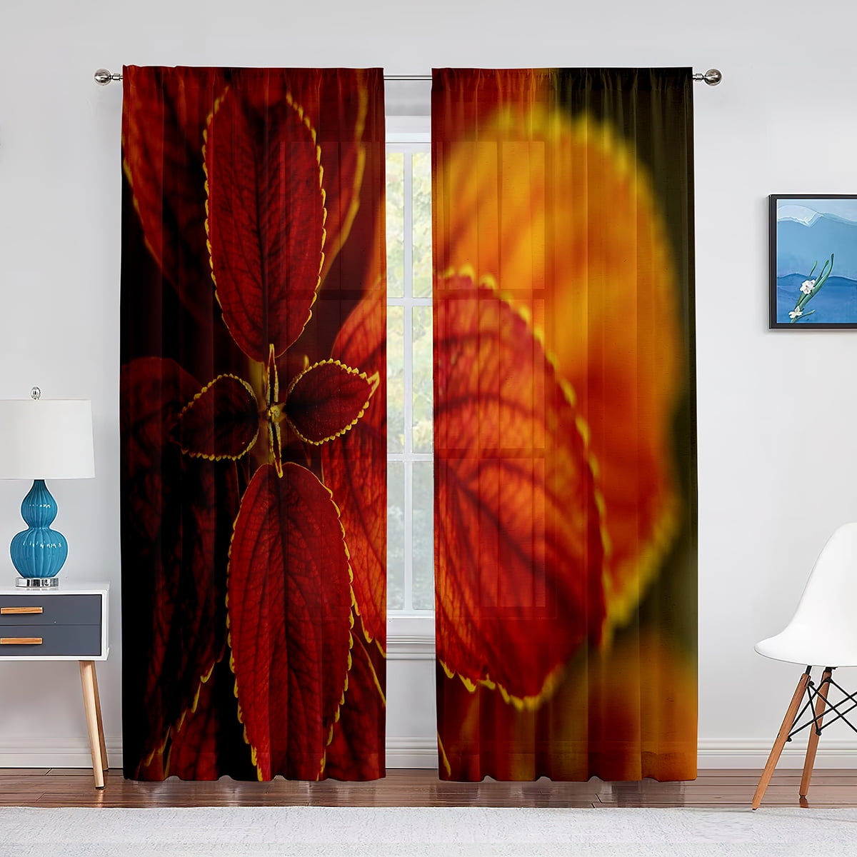Fall Maple Leaves on Wooden Board Sheer Curtain for Living Room Voile ...