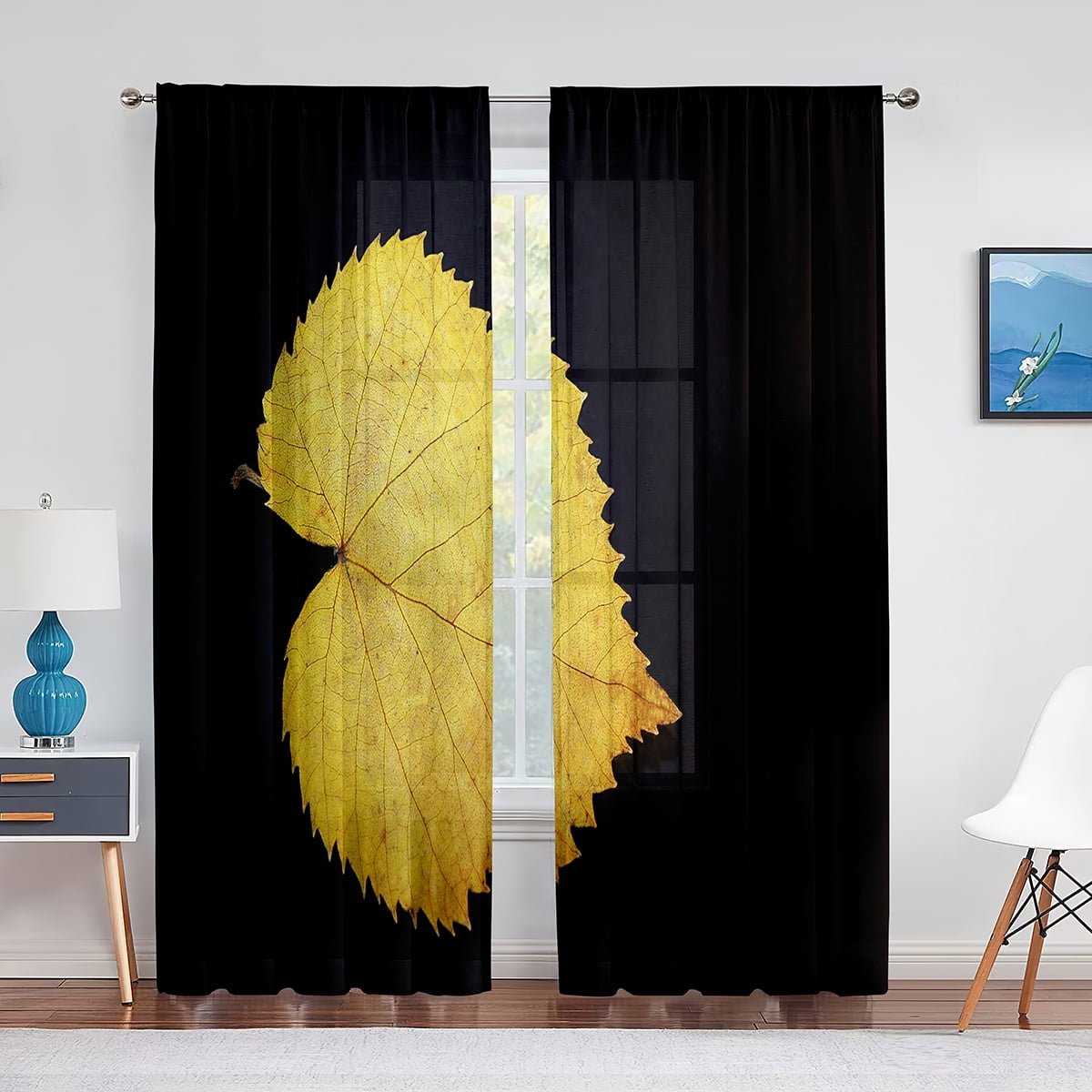 Fall Maple Leaves on Wooden Board Sheer Curtain for Living Room Voile ...