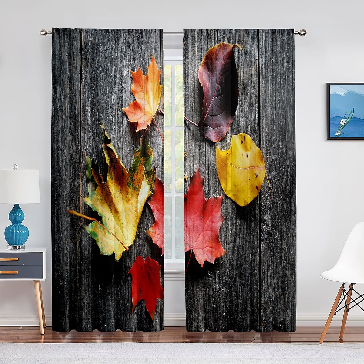 Fall Maple Leaves on Wooden Board Sheer Curtain for Living Room Voile ...