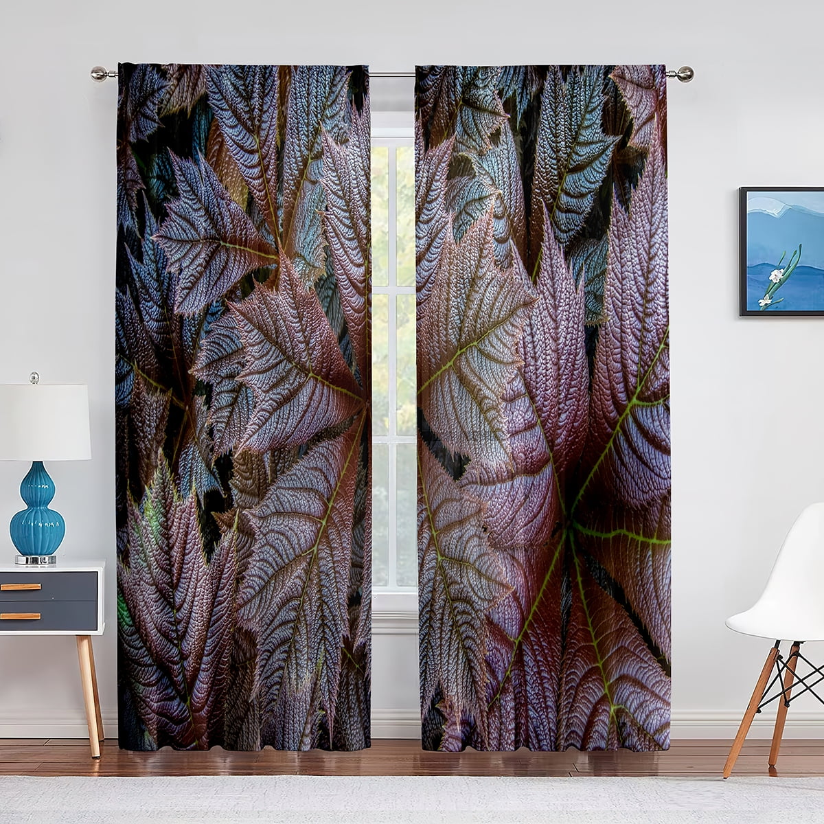 Fall Maple Leaves on Wooden Board Sheer Curtain for Living Room Voile ...