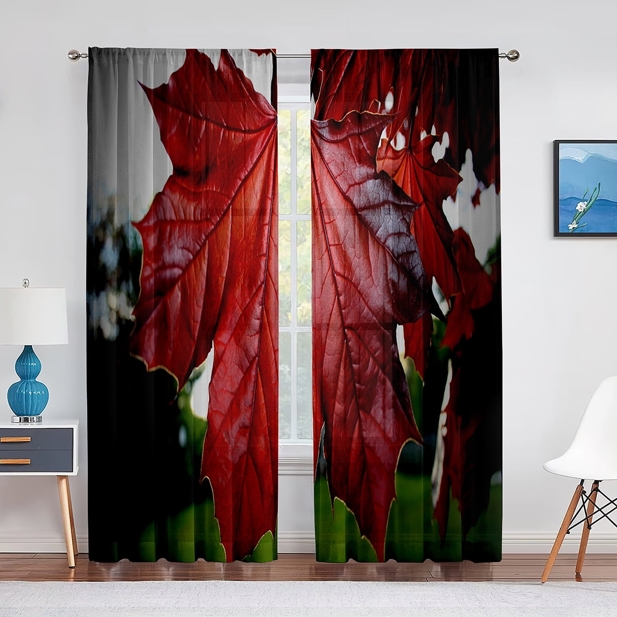 Fall Maple Leaves on Wooden Board Sheer Curtain for Living Room Voile ...