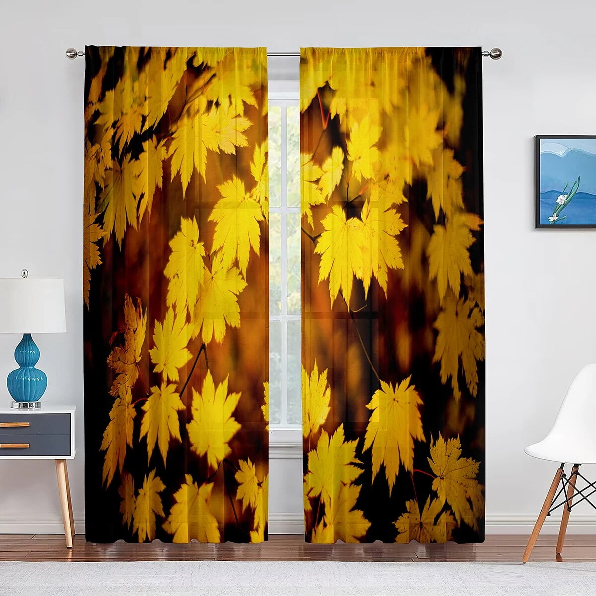 Fall Maple Leaves on Wooden Board Sheer Curtain for Living Room Voile ...