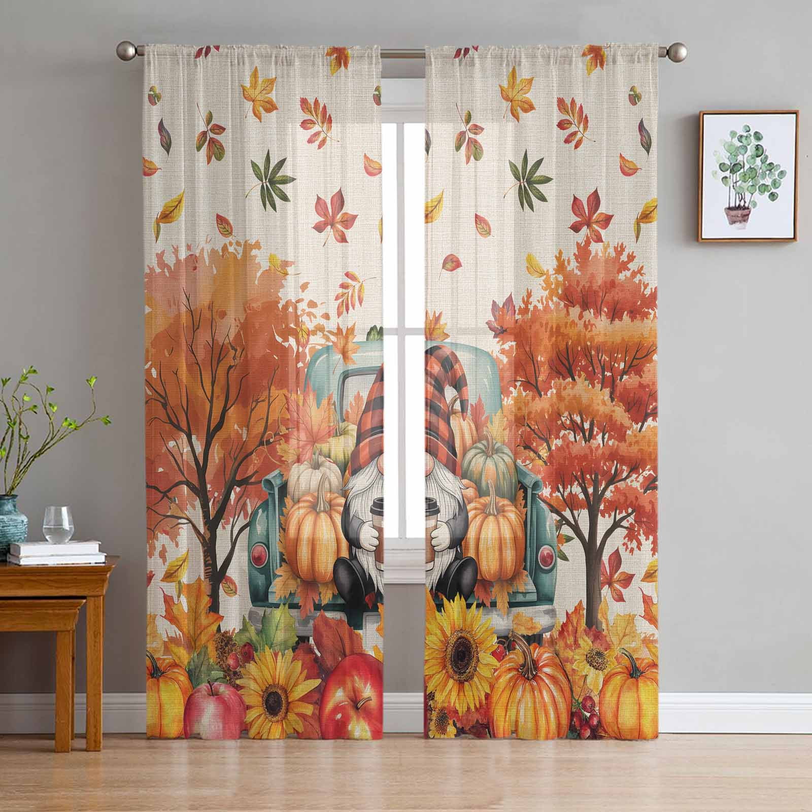 Fall Maple Pumpkin Sheer Curtains 63 Inches Length 2 Panels Set, Window ...