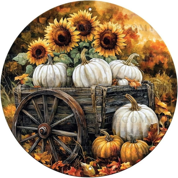 Fall Metal Tin Round Sign Retro White Pumpkin Sunflower Thanksgiving ...
