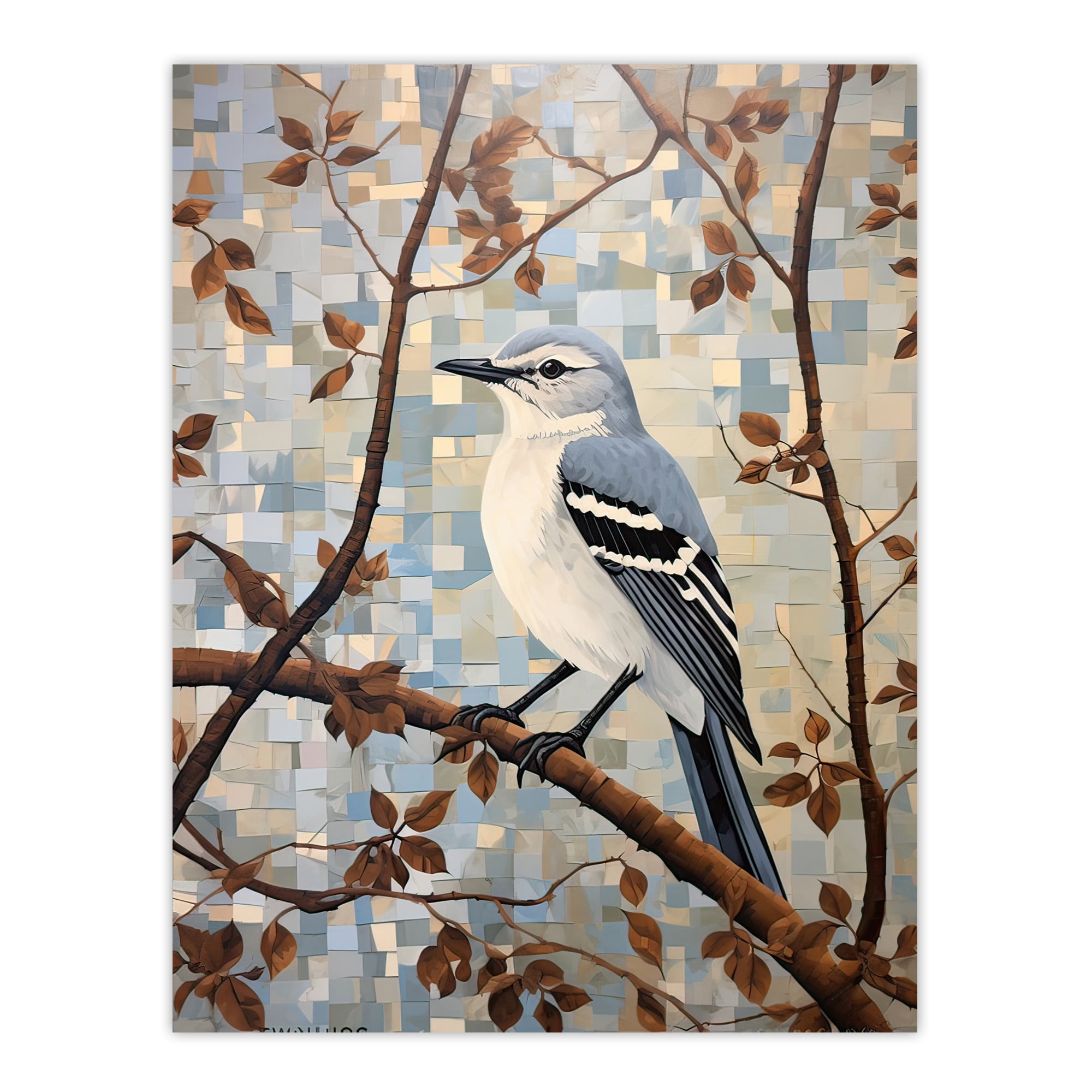 Fall Mosaic Mockingbird on Autumn Tree Branch Unframed Wall Art Print ...