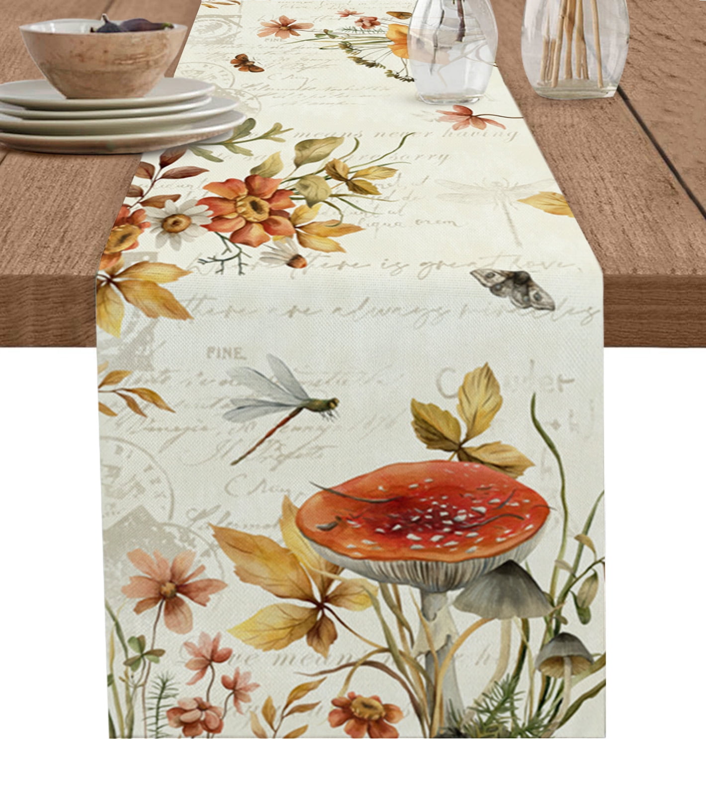 Fall Mushroom Flower Dragonfly Table Runner Wedding ration Cotton Linen ...