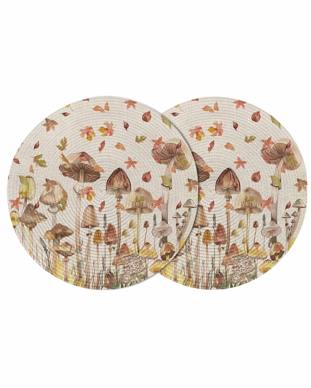 Fall Mushroom Round 13 Inch Placemats Set of 2, Watercolor Maple Leaf ...