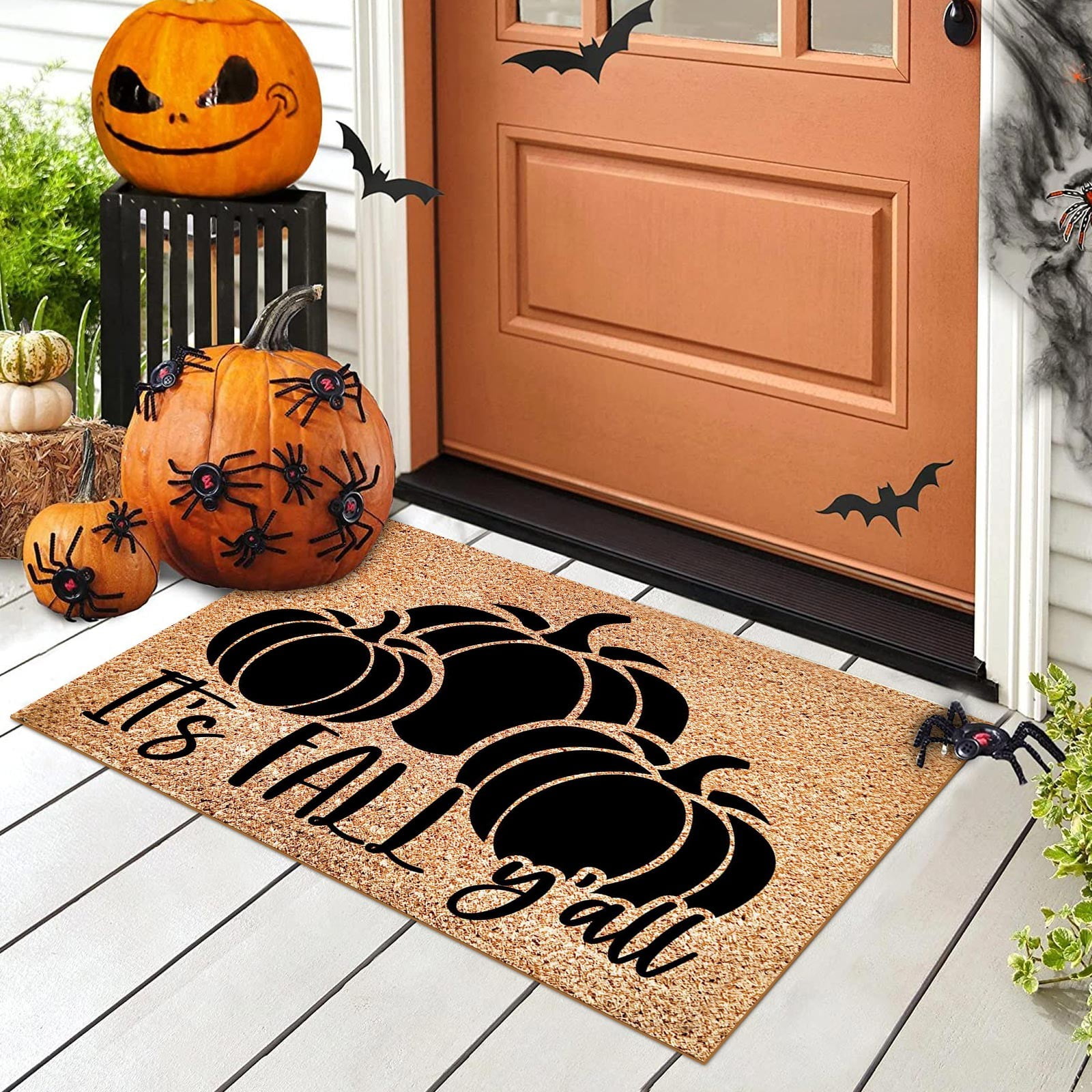 Fall Natural Coir Door Mat, Pumpkin Floor Mat Non-Slip Entrance Door ...