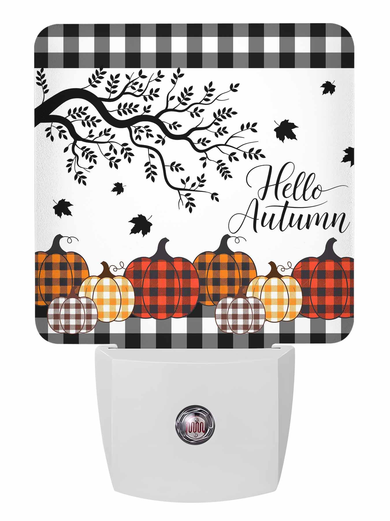 Fall Night Lights Auto Sensor Plaid Pumpkin Plug-in LED Nightlights ...