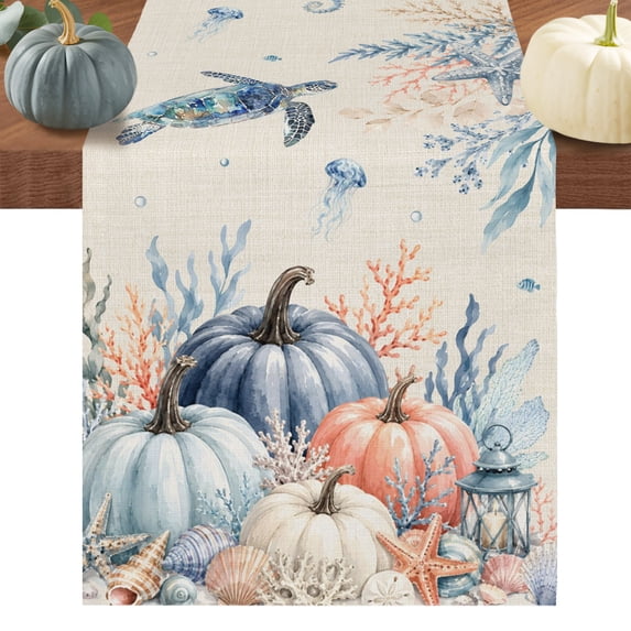 Fall Ocean Theme Table Runner, Harvest Blue Pumpkins Starfish Coral ...