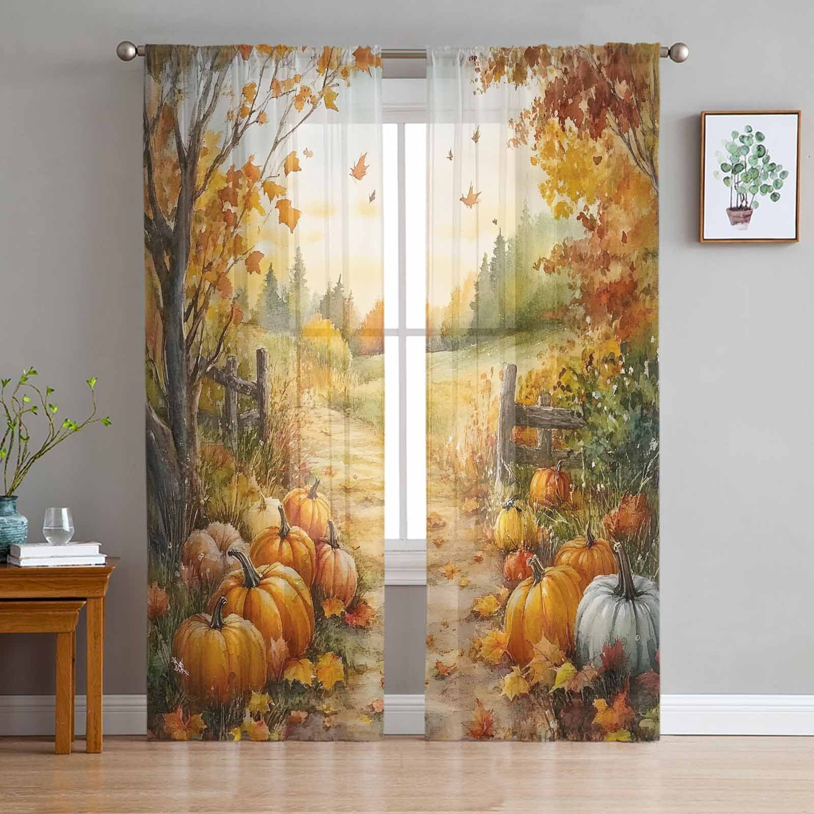 Fall Oil Painting Sheer Curtains 63 Inches Length 2 Panels Set, Window ...