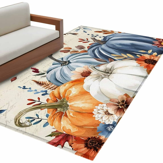 Fall Orange Blue 3'x5' Washable Rug, Thanksgiving Floral Botanical ...