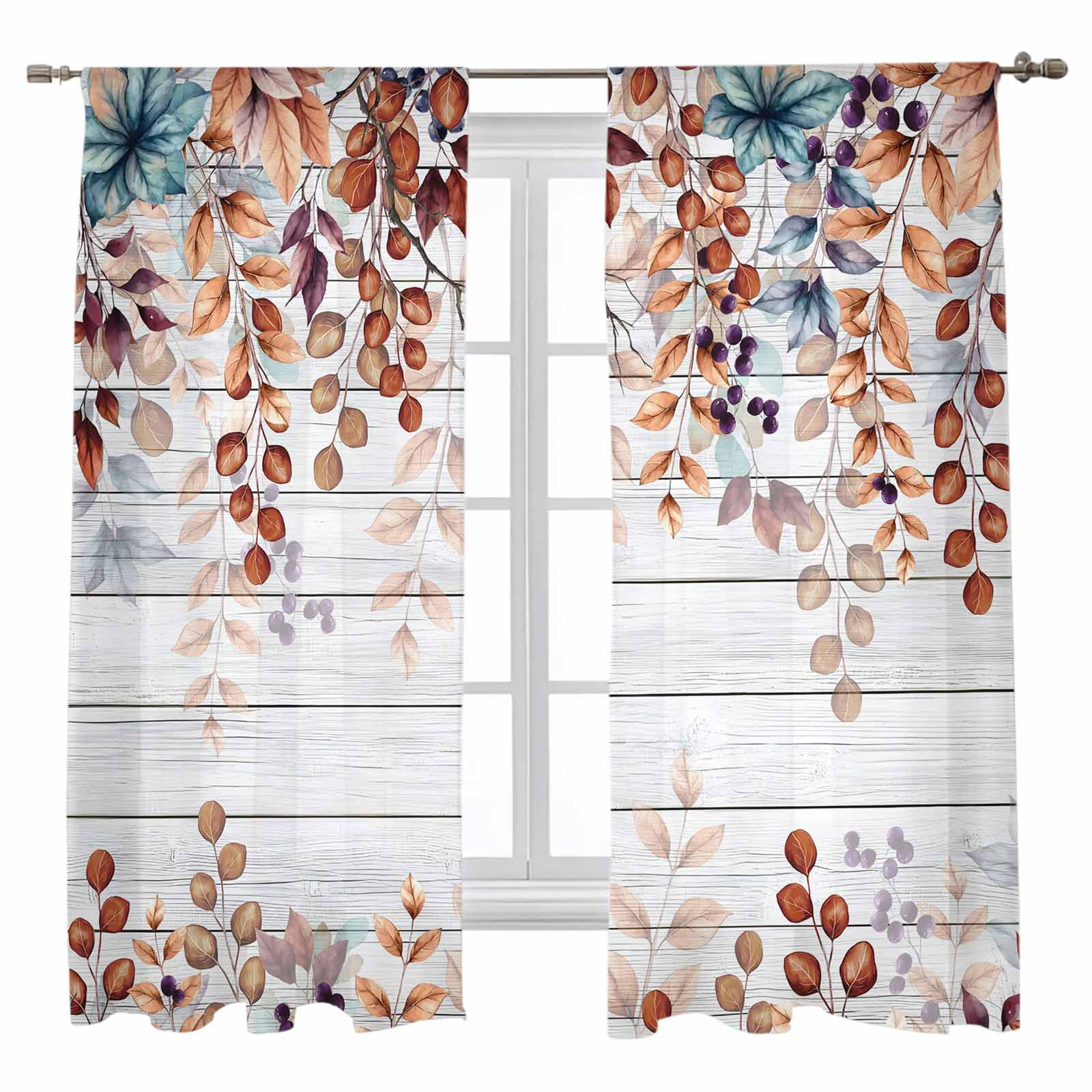 Fall Orange Blue Leaf Sheer Curtains 72 inches Long, Farmhouse Leaves ...