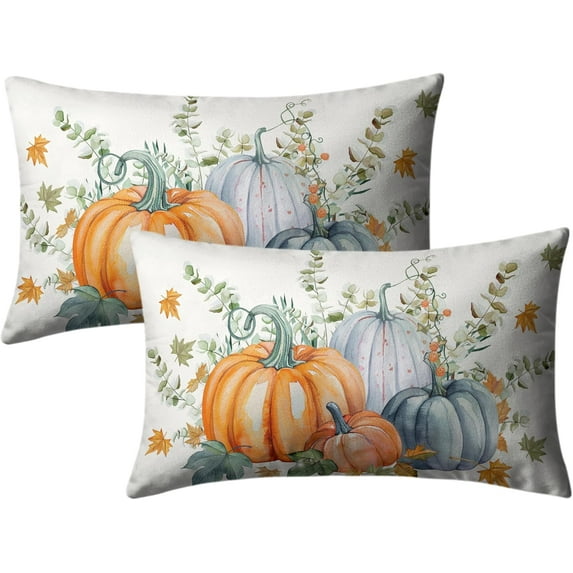 Fall Orange Blue Pumpkin Lumbar Pillow Covers 12x20 Set of 2 Autumn ...