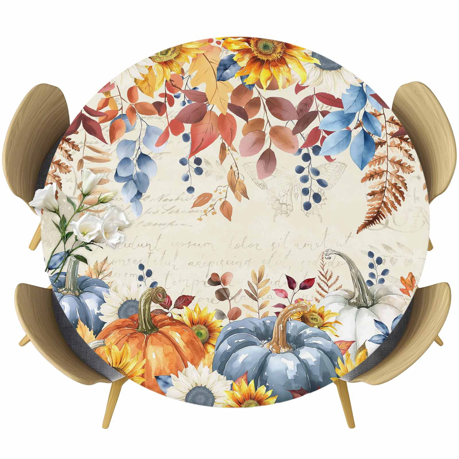 Fall Orange Blue Pumpkin Round Tablecloth, Fitted Table Cover with ...