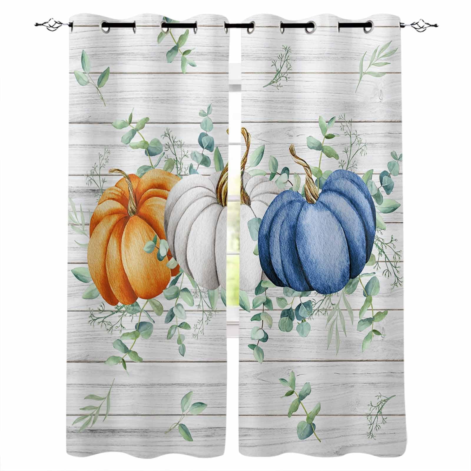 Fall Orange Blue Pumpkins Blackout Curtains | Light Blocking Print ...
