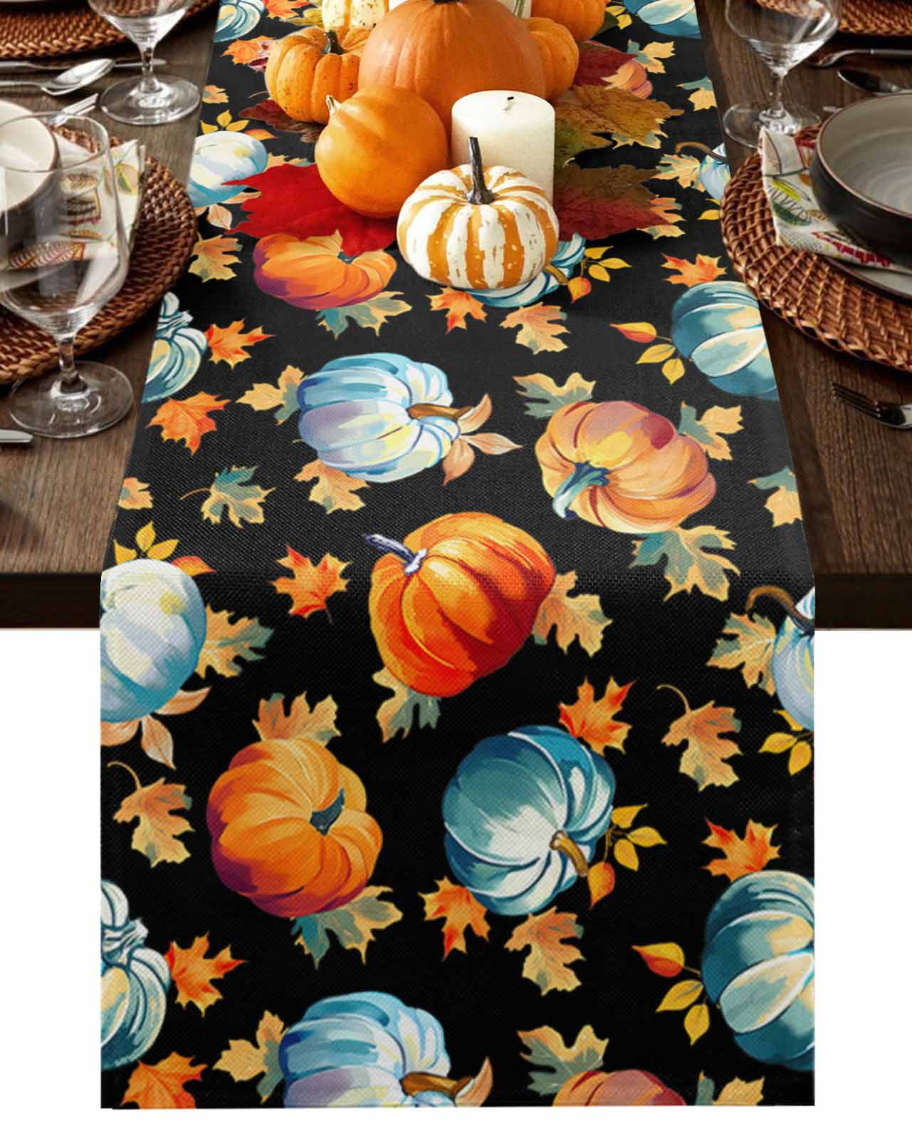 Fall Orange Blue Pumpkins Table Runner-Cotton Linen- 36 Inch Holiday ...
