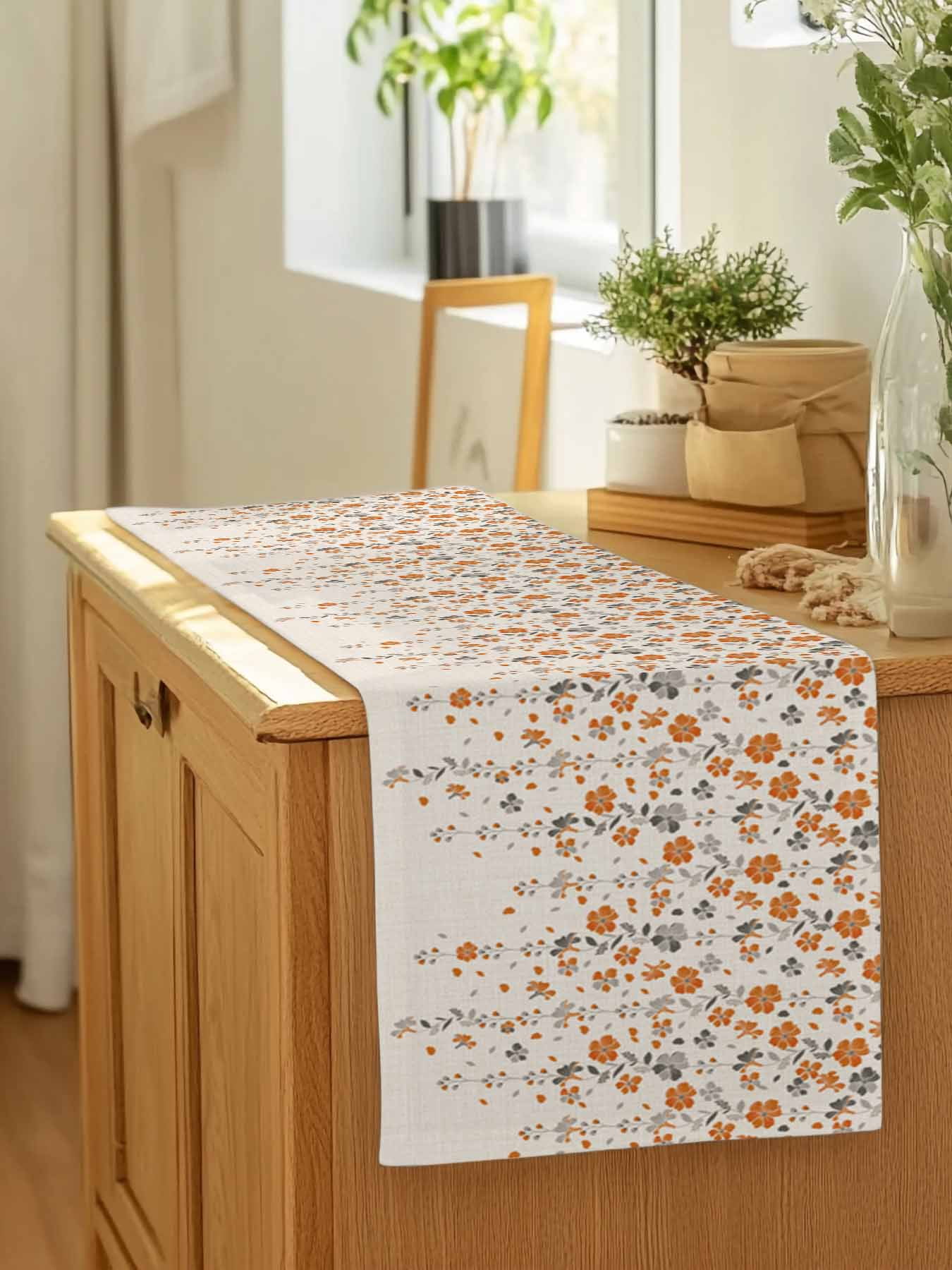 Fall Orange Flower Leaves Seamless Table Runner 13x90in Non-Slip Cotton ...